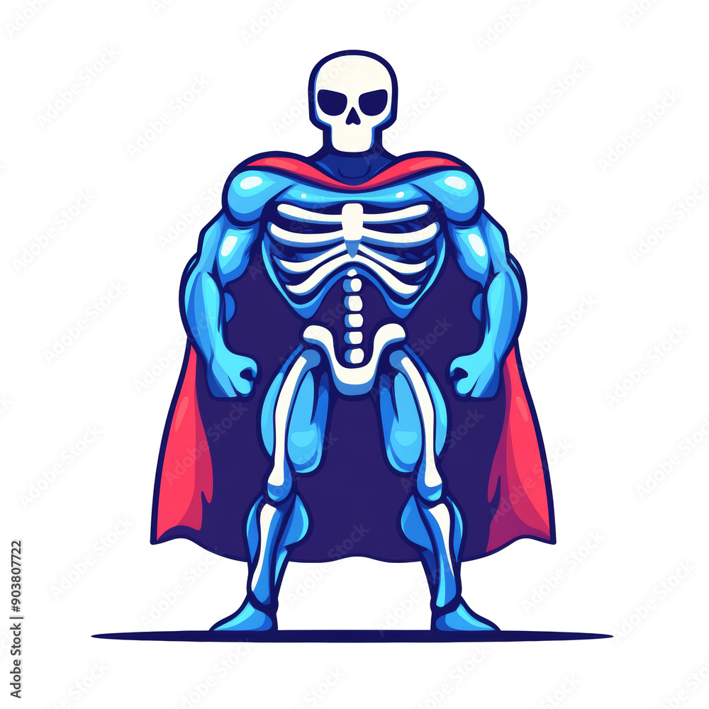 Cartoon skeleton wearing a red cape and blue muscle suit. Stock ...