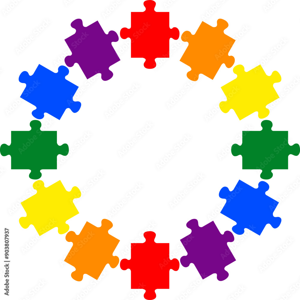 Colorful circular arrangement of twelve interlocking puzzle pieces ...