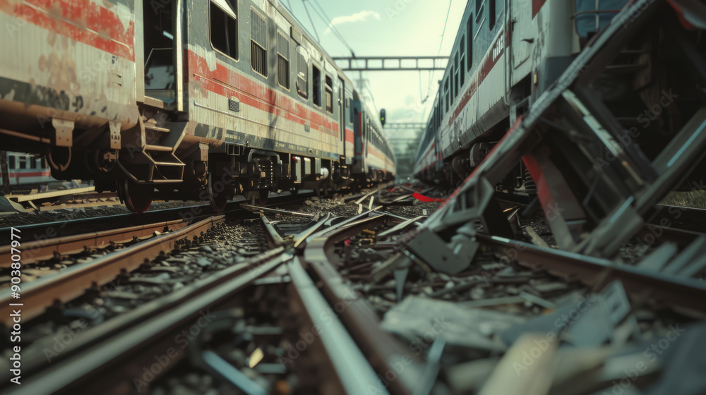 A derailed train, with carriages askew and tracks twisted, visually ...