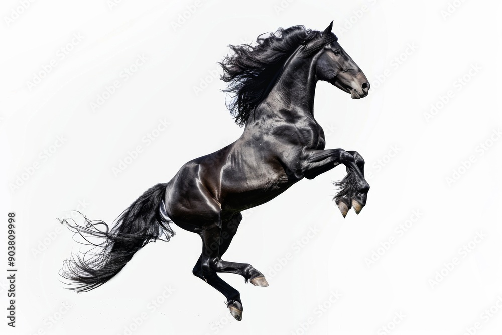 Black horse in rearing pose, standing up on hind legs isolated on white ...