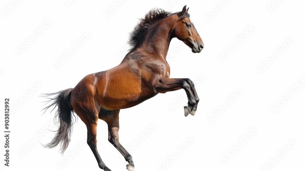 Brown horse in rearing pose, standing up on hind legs isolated on white ...