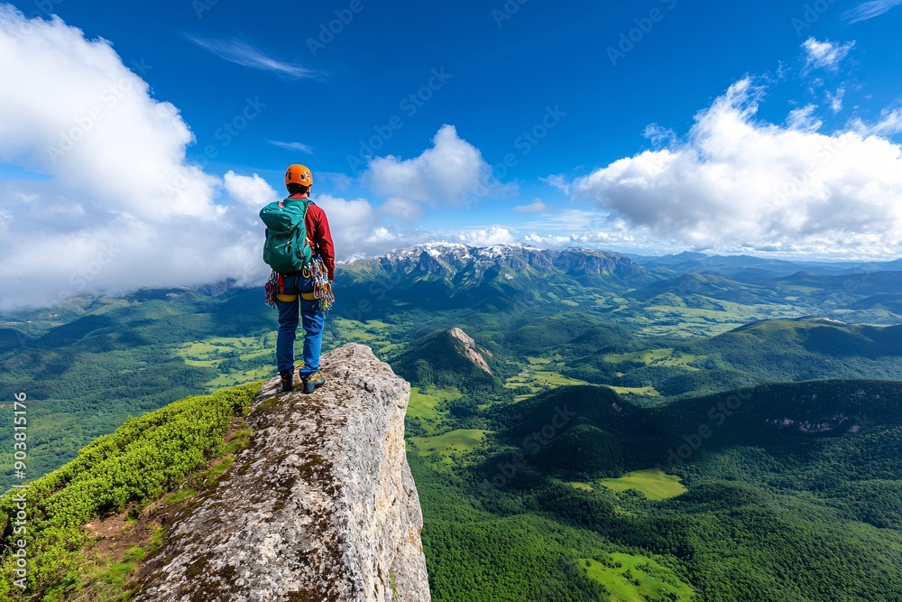 8. A climber pausing to admire the view from a narrow ledge, with a ...