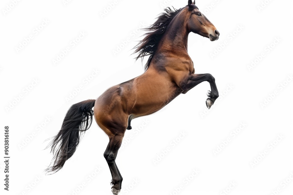 Brown horse in rearing pose, standing up on hind legs isolated on white ...