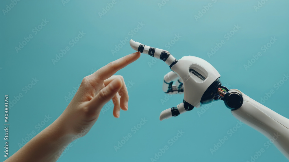 the right human hand facing up, touches with the index finger the index ...