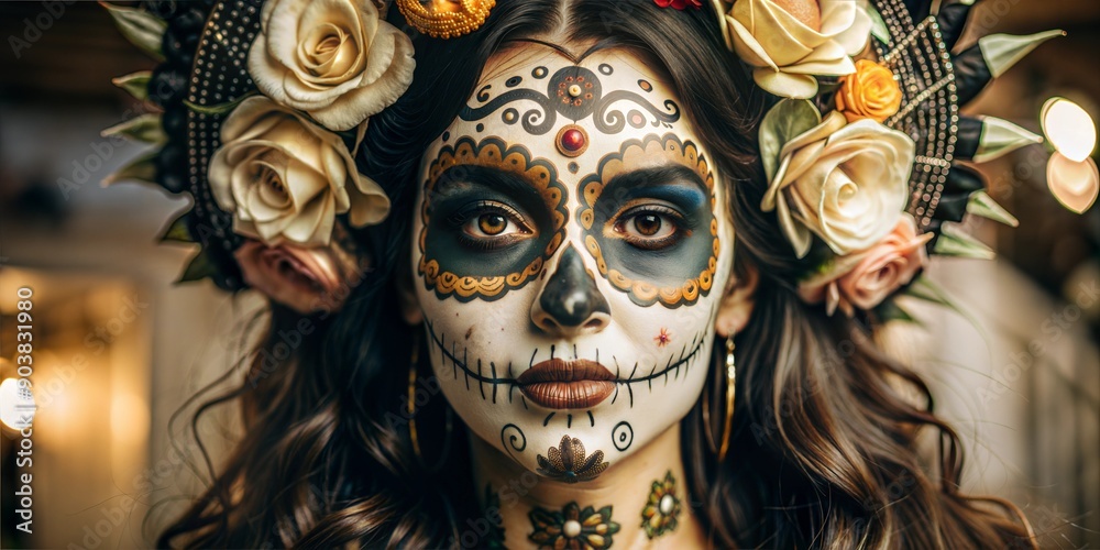 Expressive portrayal of a woman with elaborate Day of the Dead face ...