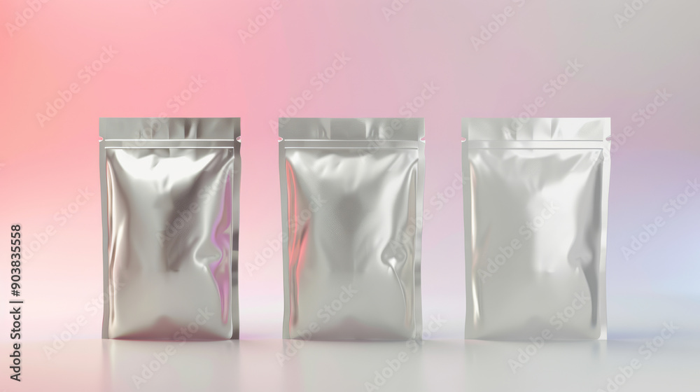 Three silver pouches are neatly aligned against a gradient backdrop ...