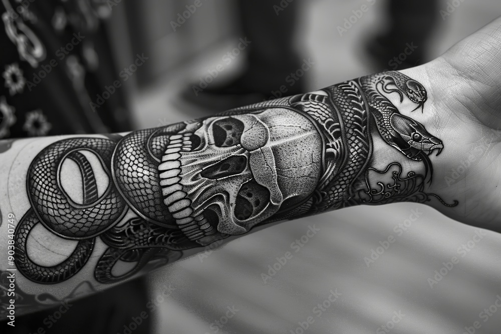 a bold skull and snake tattoo, with intricate patterns and detailed ...