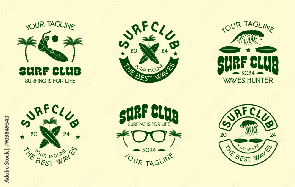 Vetor do Stock: Vintage Surf club vector logo bundle. Set of retro ...