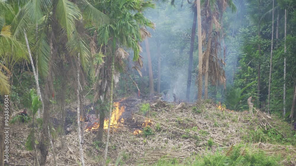 Smoke from fire burning in the forest with green trees. Nature ...