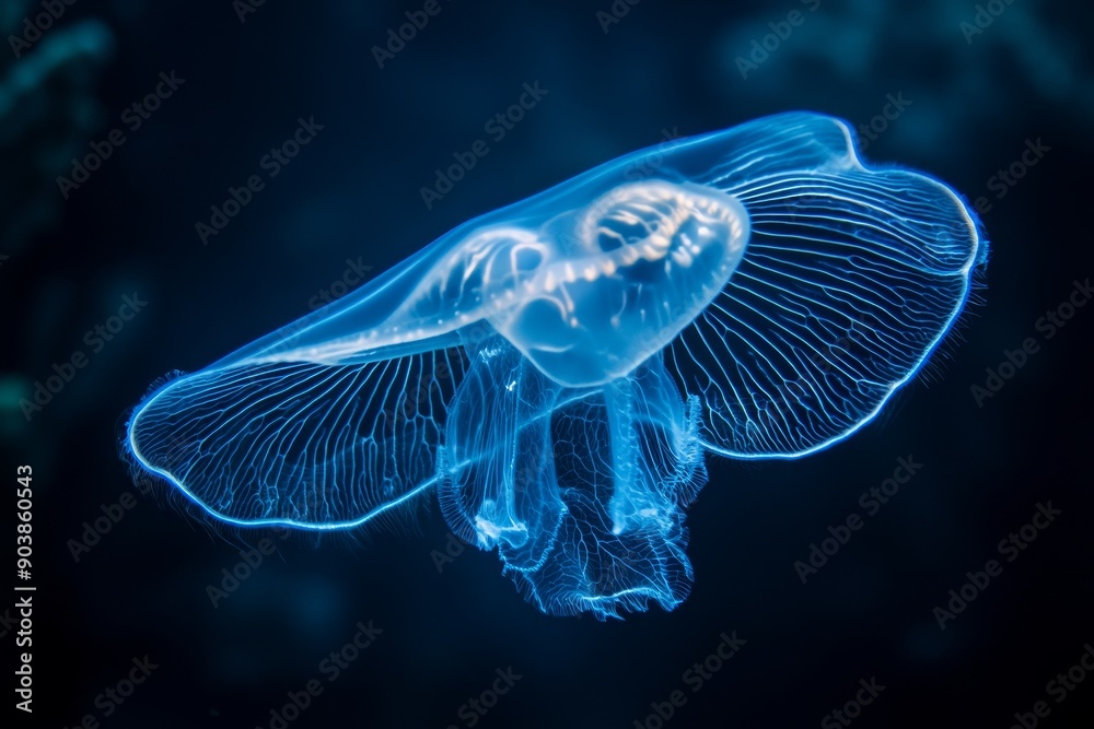 The delicate, translucent body of a deep-sea comb jelly, pulsating ...