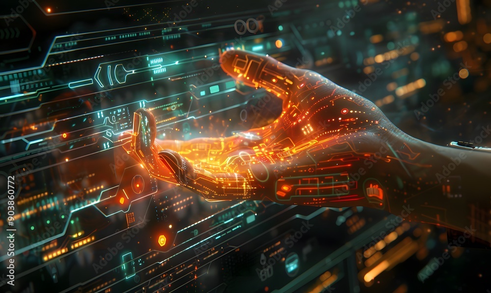 A futuristic depiction of a hand interacting with a holographic display ...