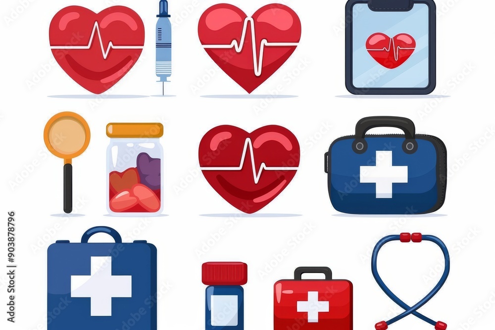Medical icons with heart and cross symbols symbolizing healthcare ...