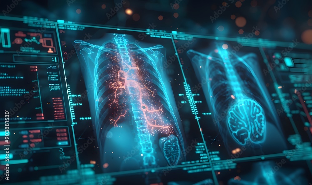 An abstract illustration of digital radiology technology with AI ...