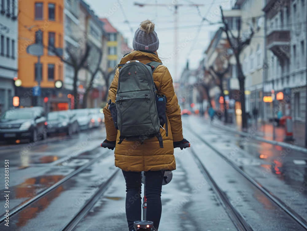Winter Urban Commute: Woman Navigating a Busy City Street on an ...