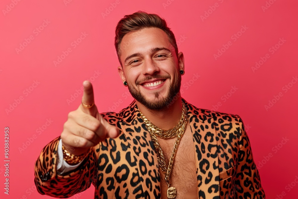 Happy guy in gold necklace and leopard suit pointing fingers at camera ...