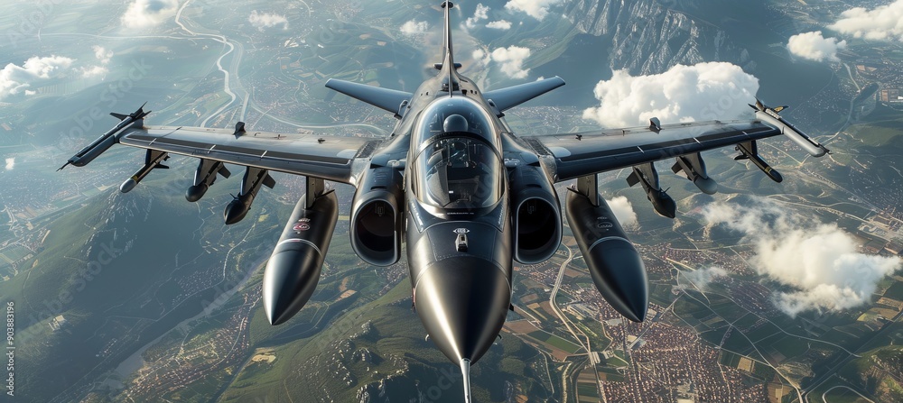 Military fighter jet with payload missile. Aerial combat warfare ...