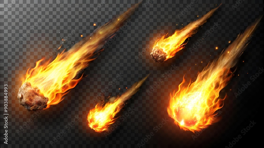 Set of various realistic large comet meteorites burns isolated on ...
