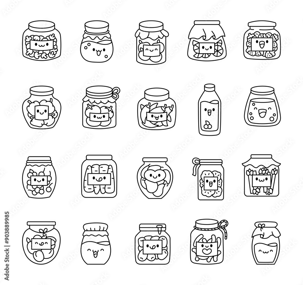 Cute canned pickled vegetables and fruit jam. Coloring Page. Funny ...