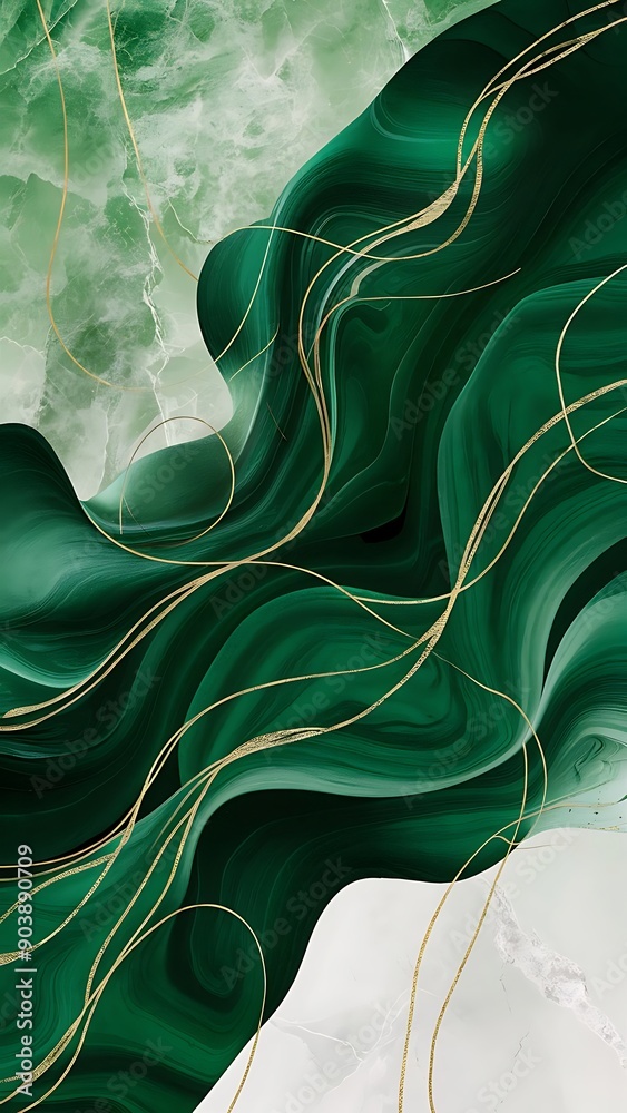 Green emerald abstract backround with marble texture, elegant design with fluid hand drawn art ...