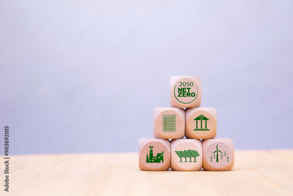 energy renewable, net zero icon at wood box on wood floor at green ...