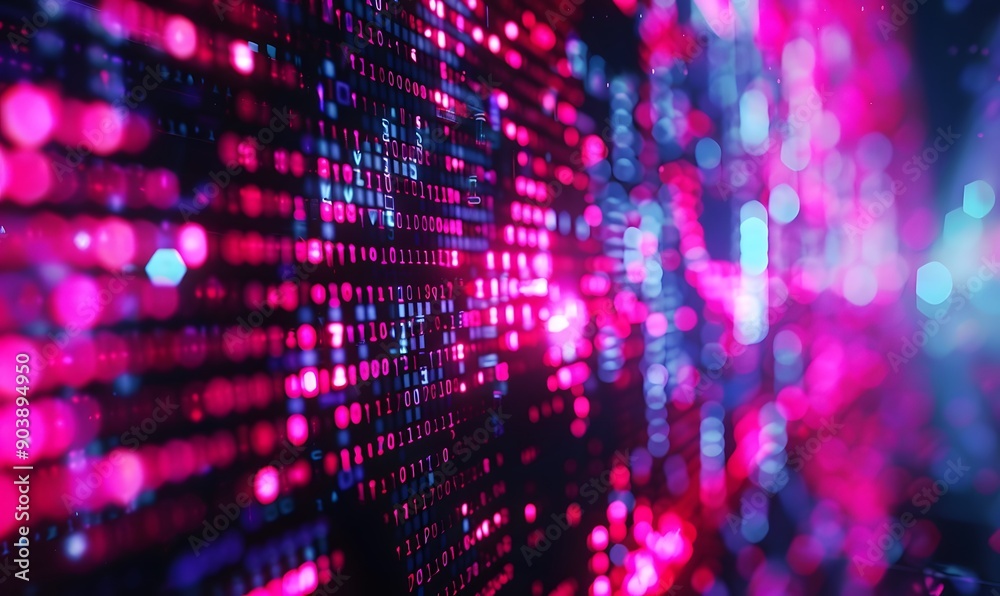 Show a close-up of a glitched LED screen displaying fragmented digital ...