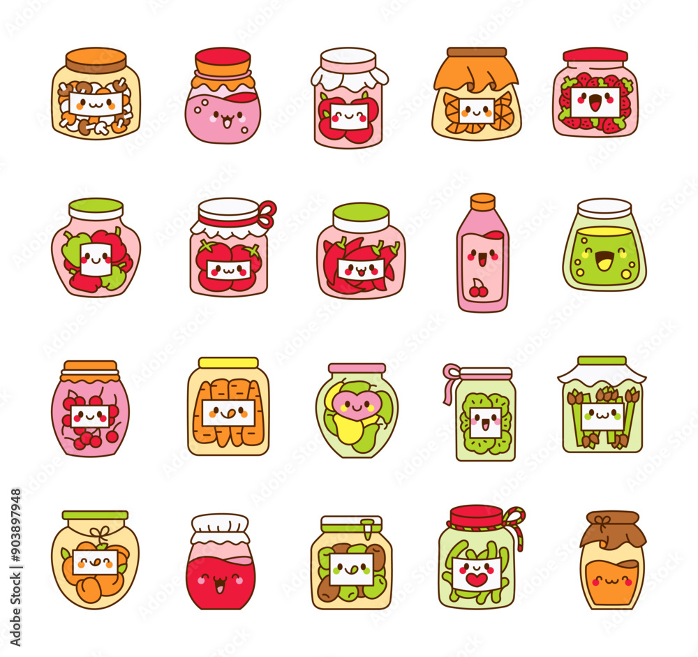 Cute canned pickled vegetables and fruit jam. Funny cartoon jars. Hand ...