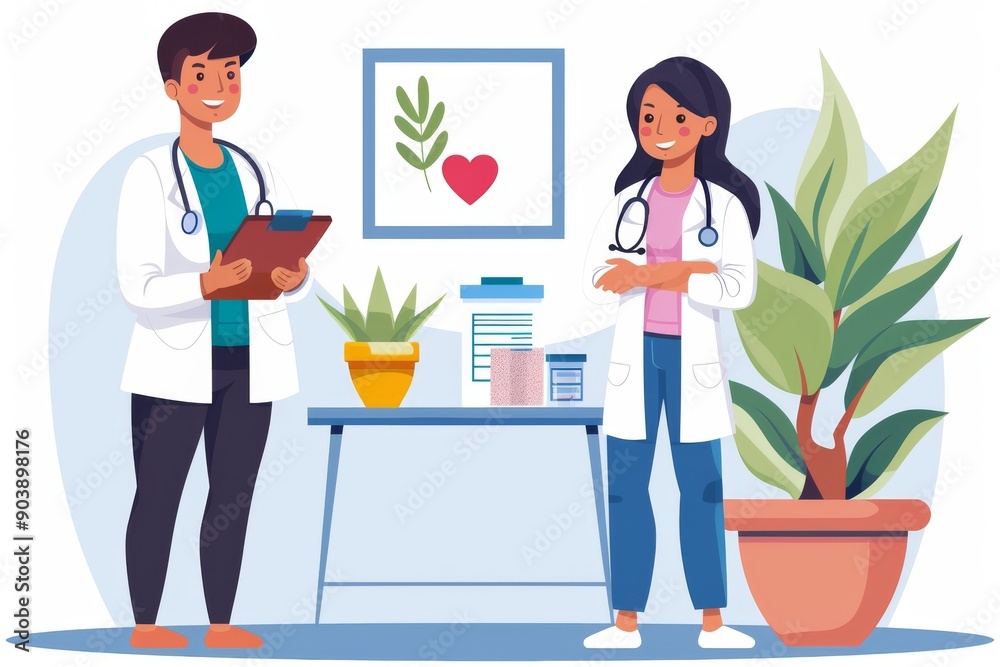 Doctor and nurse discussing patient chart plants and medical supplies ...