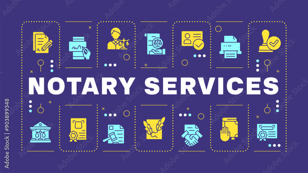 Notary services blue word concept. Signing document, paperwork. Will ...