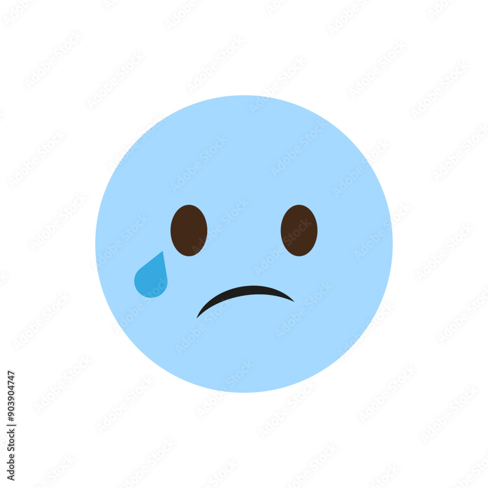 Sad face emoji. Blue circle with tear drop. Frowning expression. Vector ...