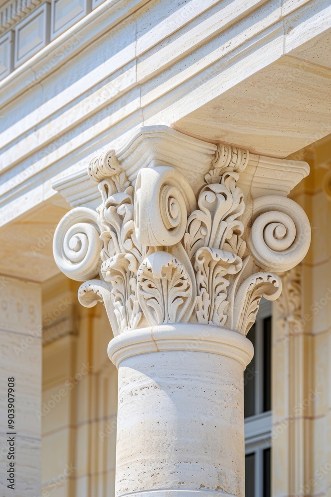 Ornate corinthian column capital and entablature detail of classical ...