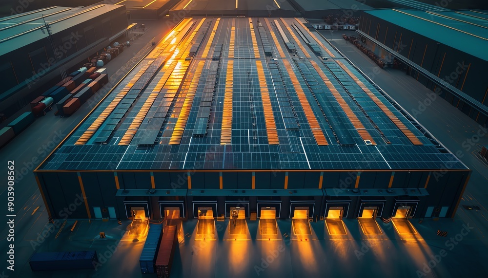 Drone image of a logistics center surrounded by solar panels ...