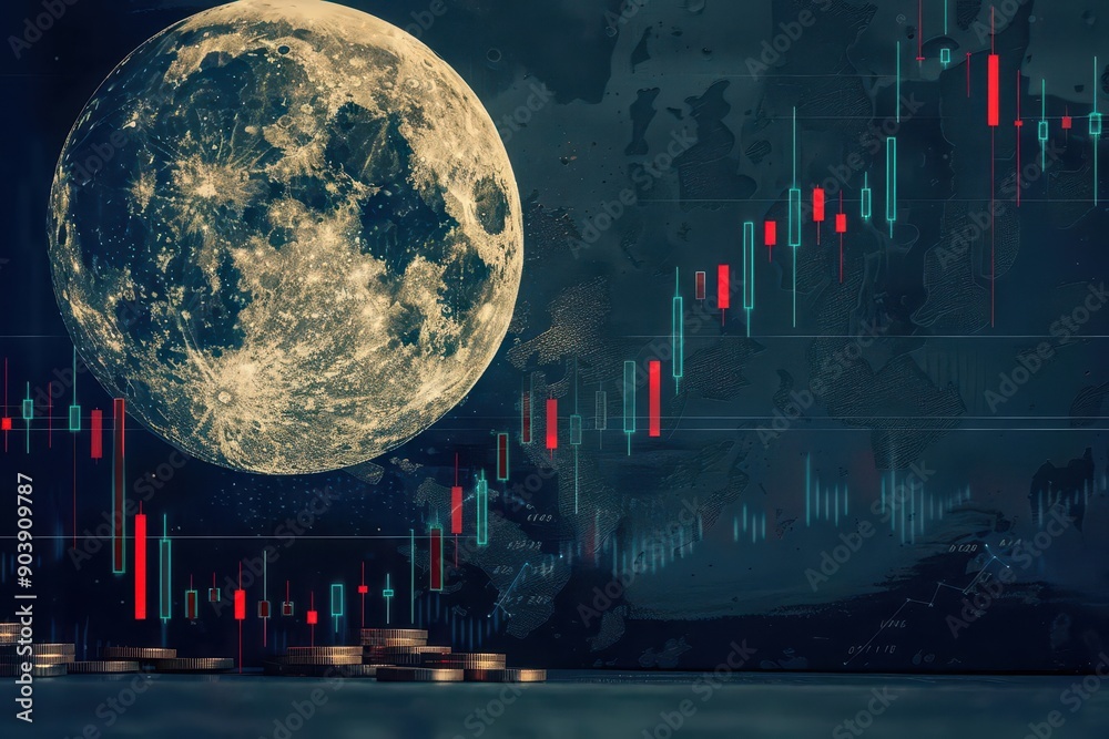 A surreal image of gold coins soaring towards the moon, intertwined ...