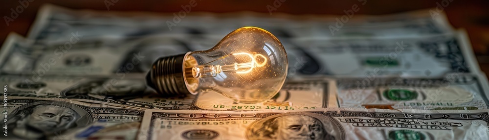 Budget planning chart with glowing dollar signs, dollar bills with a ...