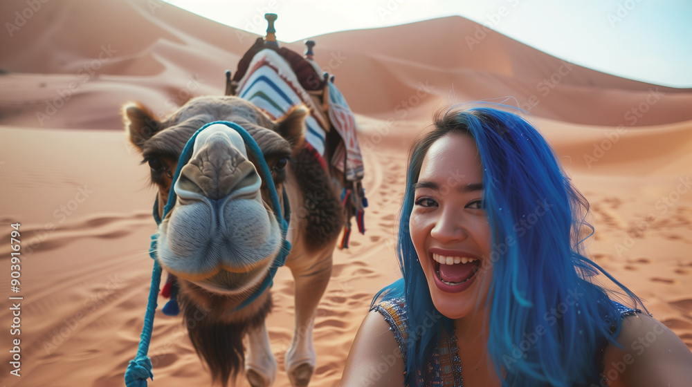 Camel in desert. Asian woman with blue hair on a hot summers day in the ...
