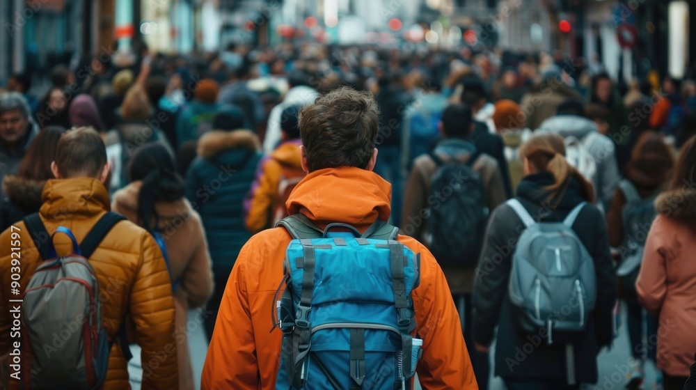 A large crowd of people walking down a street. The man in the orange ...