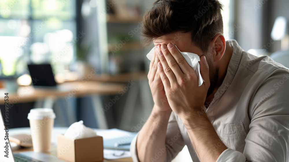 An office worker suffering from sinusitis, holding a tissue to their ...