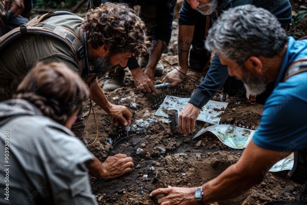 Archaeologists work on site examining maps and artifacts unearthed from ...