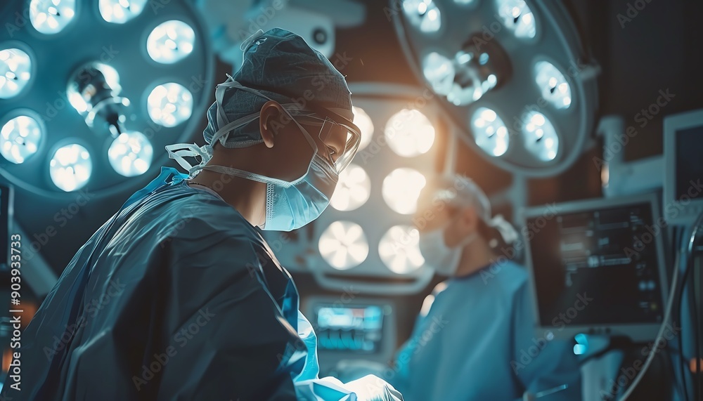 Surgeon demonstrating procedure on glassless 3D monitor, 8K quality ...