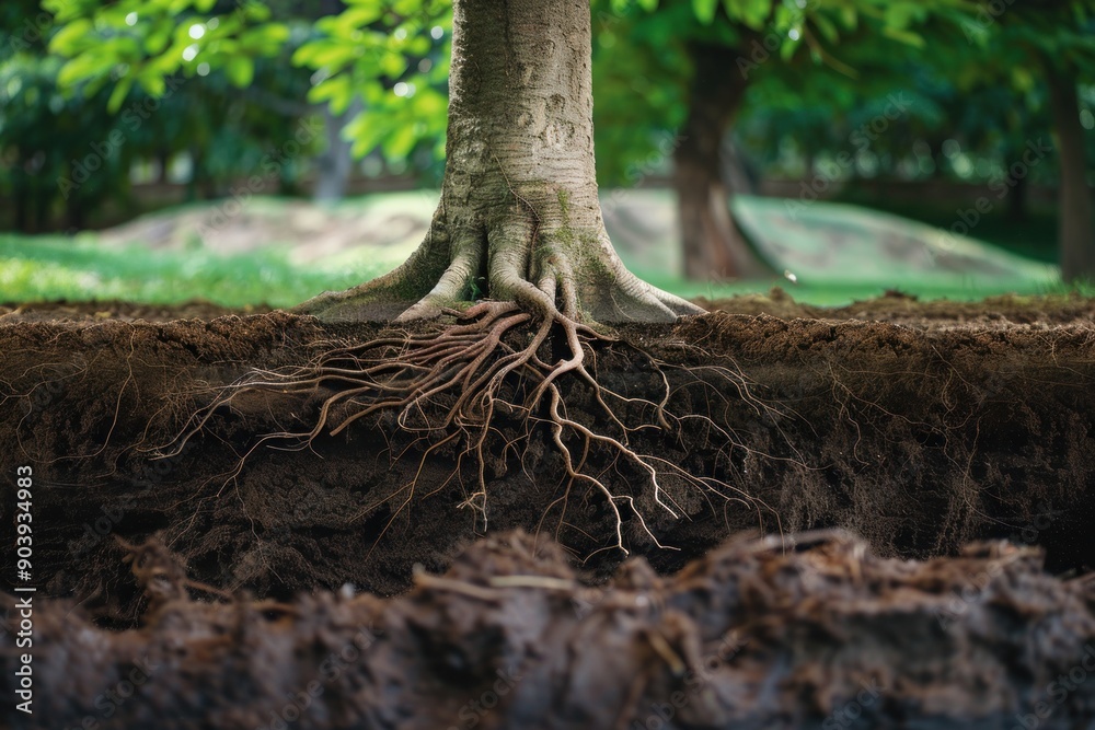 Tree structure with root system going deep into the ground, soil cross ...