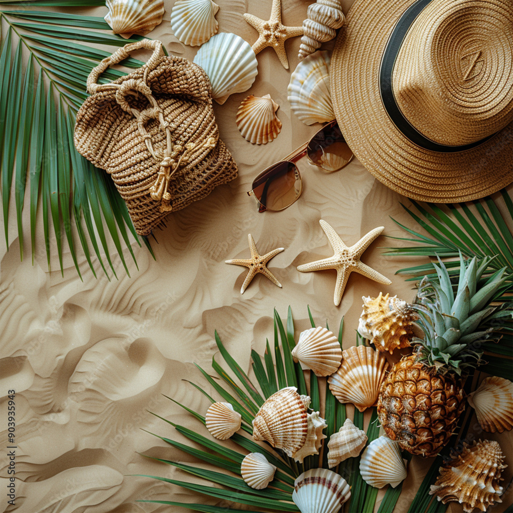 Dive into summer bliss: top view of straw hat, sunglasses, pineapple ...
