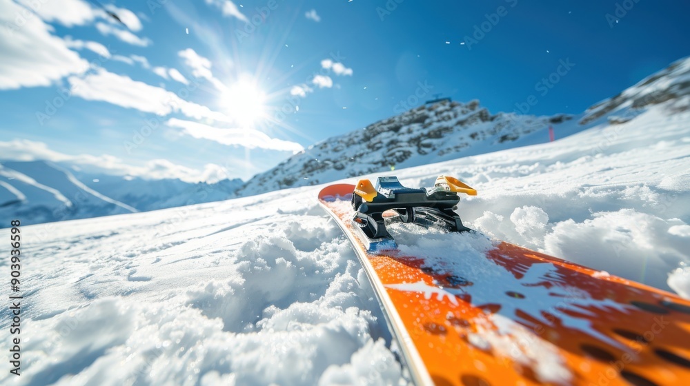 Dynamic shot of a snowboard with sleek design and bold graphics ...