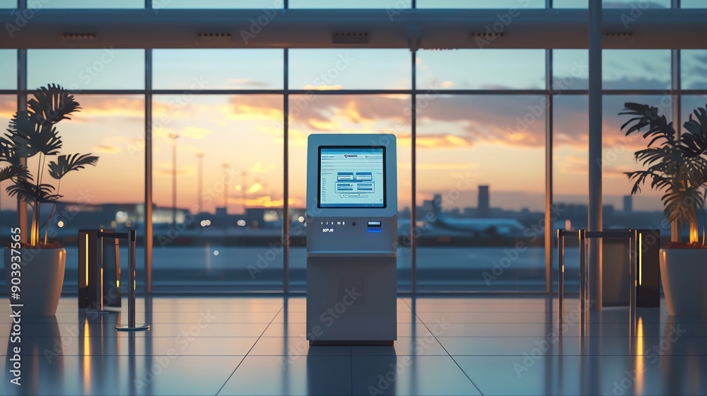 Airline check-in kiosk with touchscreen display and plenty of copy ...