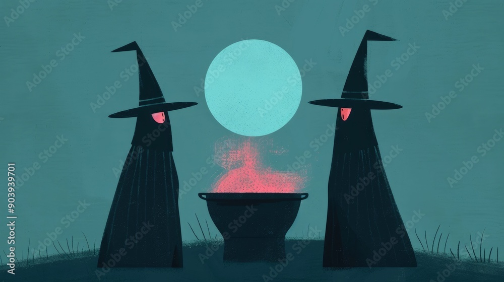 Spooky depicting two witches brewing potions around a cauldron under a ...