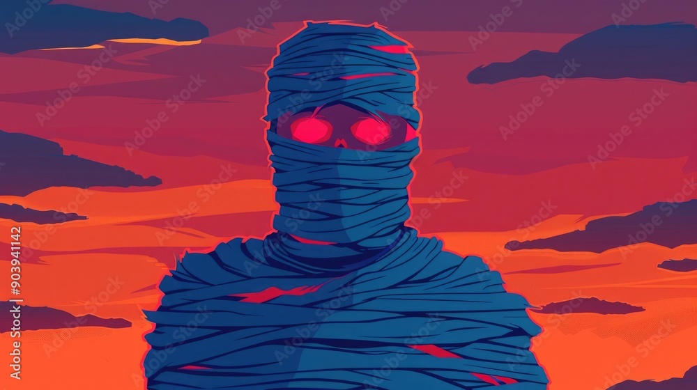 Eerie silhouette of a mummy unwrapping against a fiery ominous sky ...