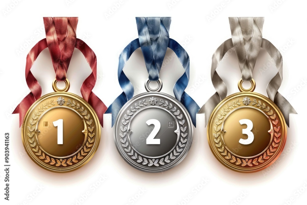Gold, silver and bronze medals hanging on ribbons for first, second and ...