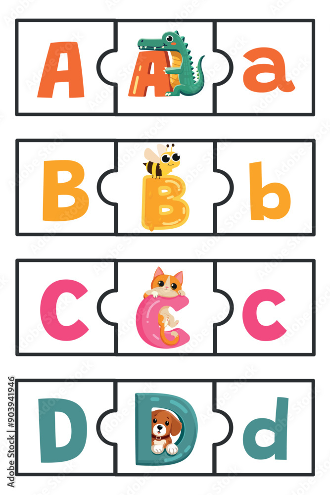 english alphabet puzzle uppercase and lower case letter match a-d ...