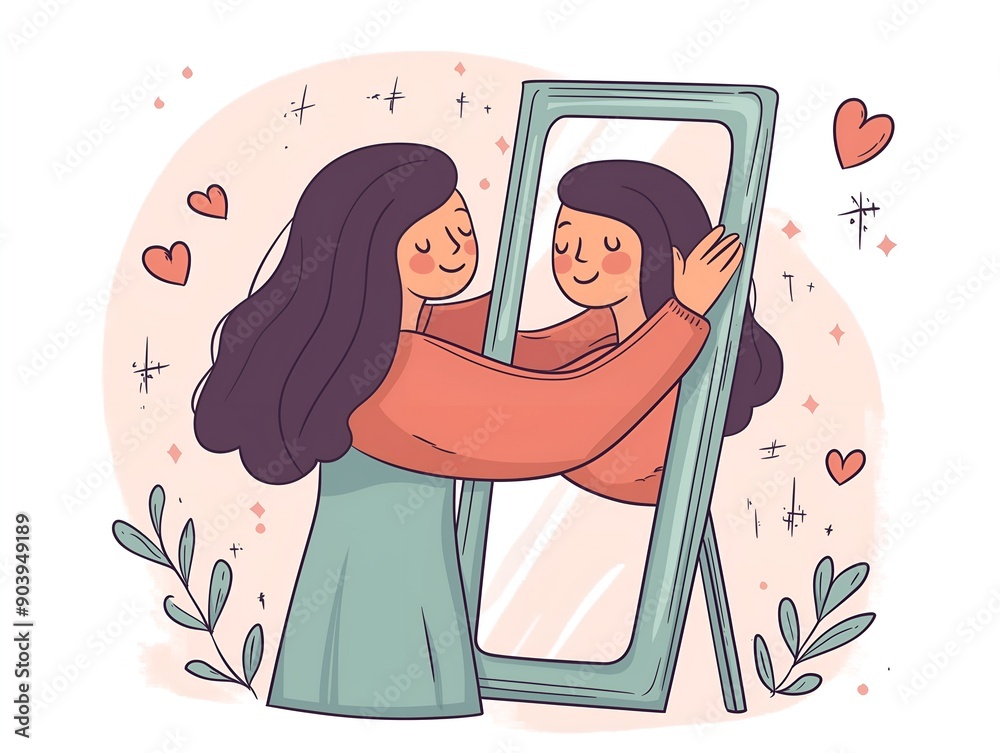 Young woman hugging her own reflection in the mirror. Love yourself ...
