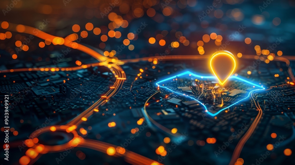 Navigating and finding locations using a glowing location pin over a ...