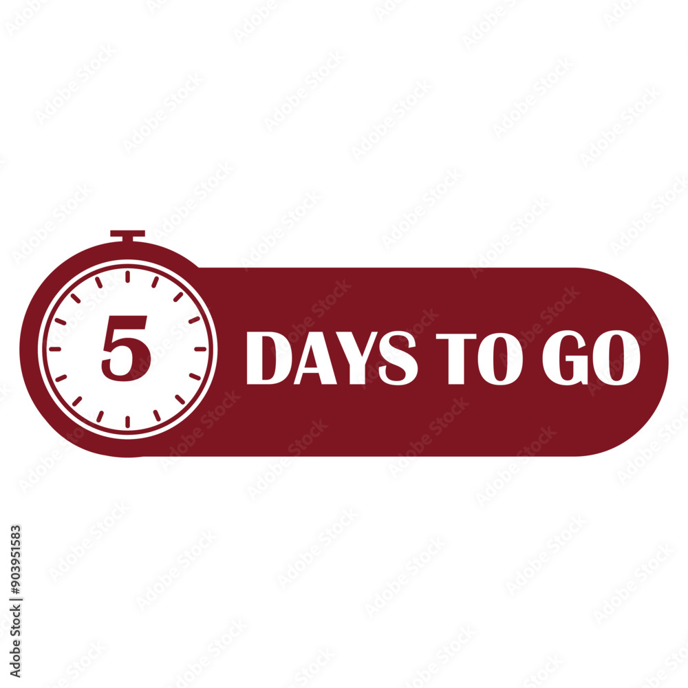 Countdown timer icon. Five days remaining. Bold red design. Vector time ...