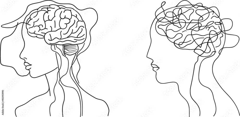 The illustration is a continuous one line drawing of a man's head with ...